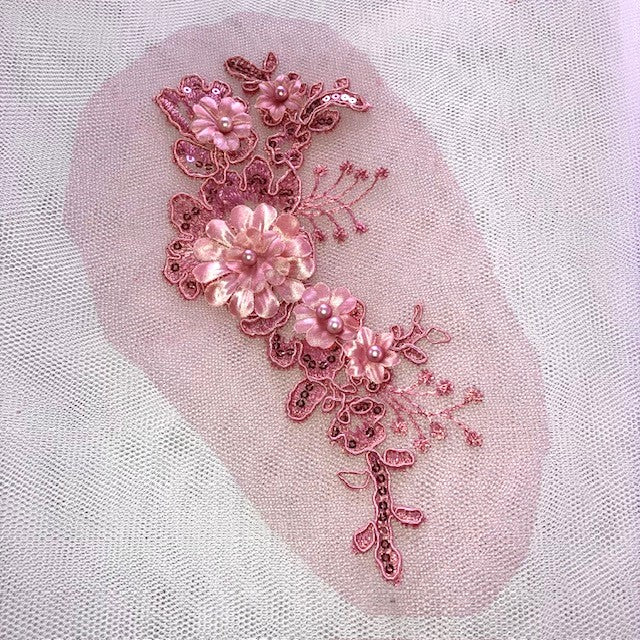 Single Dusty Pink 3D Sequin & Pearl Floral Applique - Headpiece ...